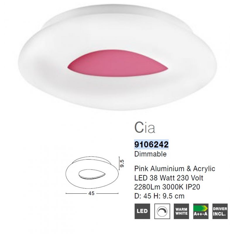 Plafoniera LED dimabila, design modern Cia roz, 45cm