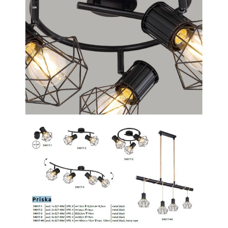 Aplica de perete / tavan cu 2 spoturi design industrial PRISKA negr...