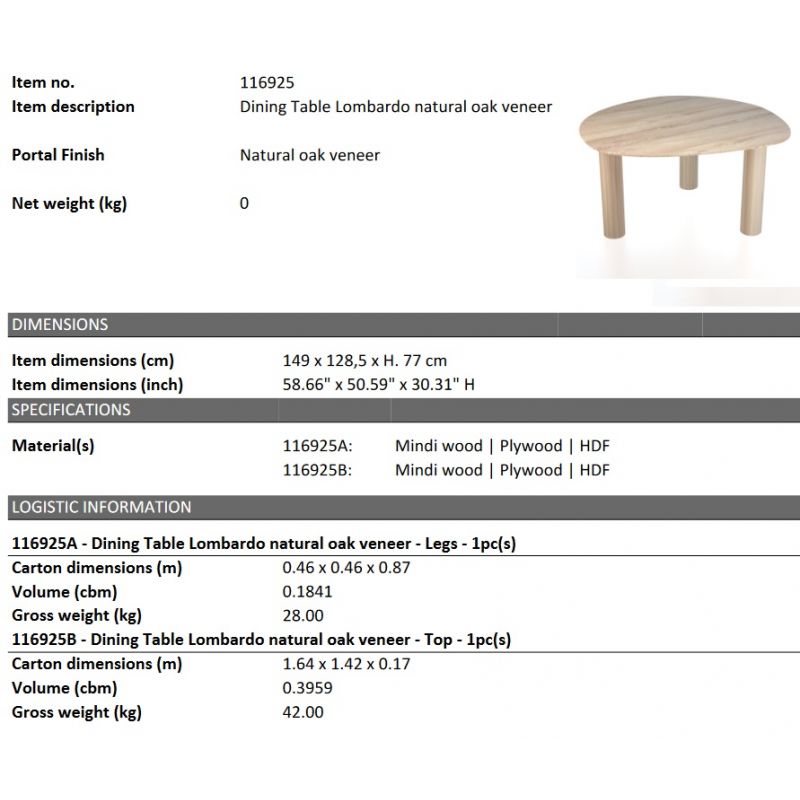 Mobila Masa dining moderna design LUX Lombardo natur 149x128cm