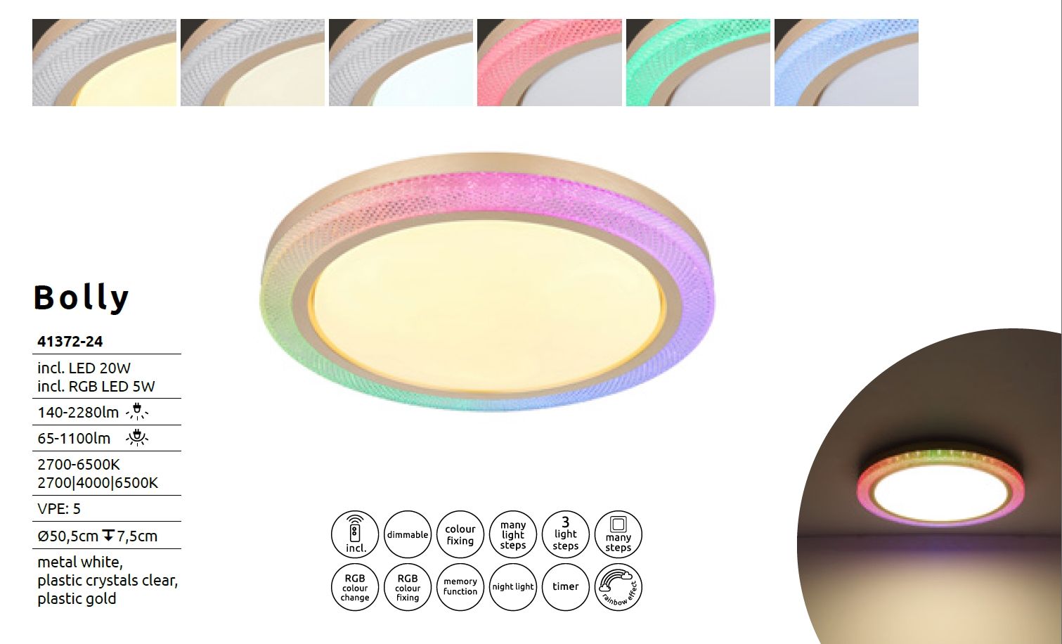 Plafoniera LED RGB cu telecomanda design modern Bolly 50,5cm Plafon...