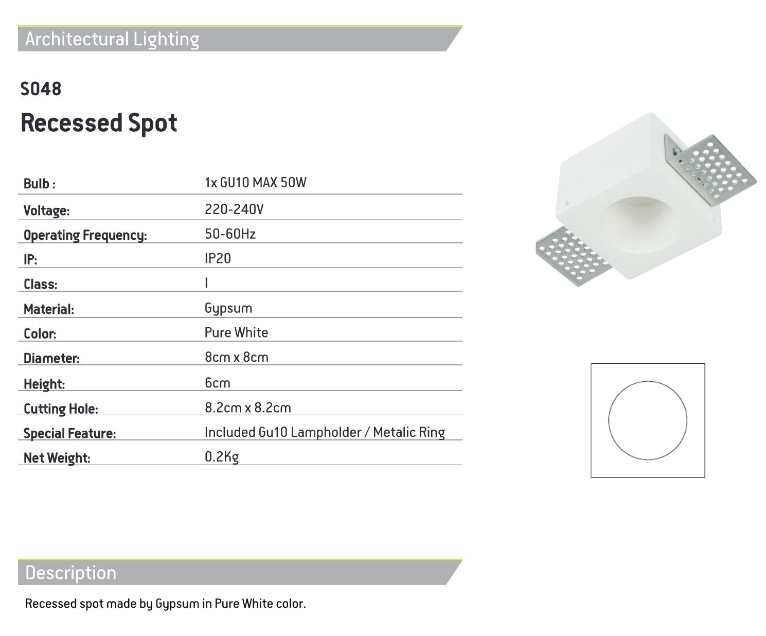 Spot incastrabil tavan Gypsum alb